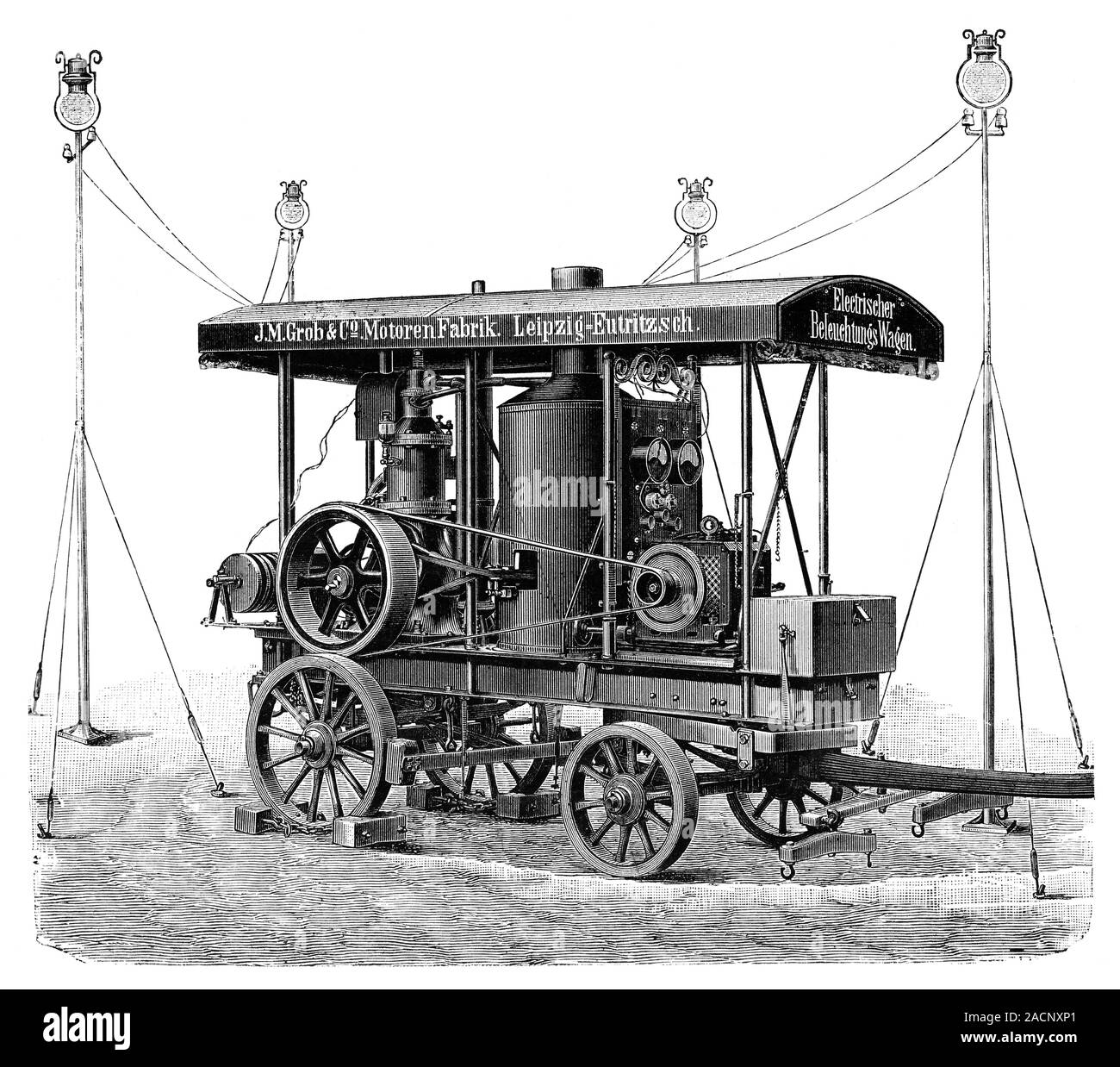 Petrol-powered electric lights. 19th-century artwork of an installation ...