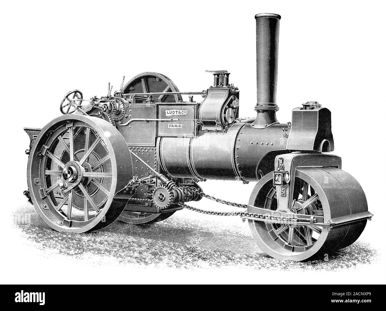 Burrell steamroller. 19th-century artwork of a steam-powered traction ...