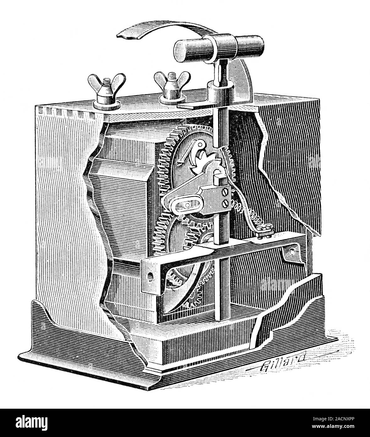 Blasting trigger mechanism, historical artwork. The cutaway section ...