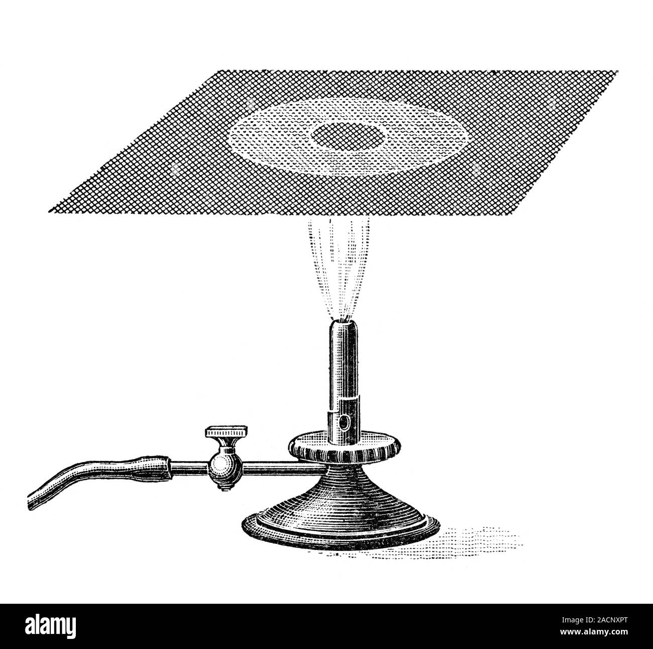 Safety lamp principle, historical artwork. The flame from the bunsen ...