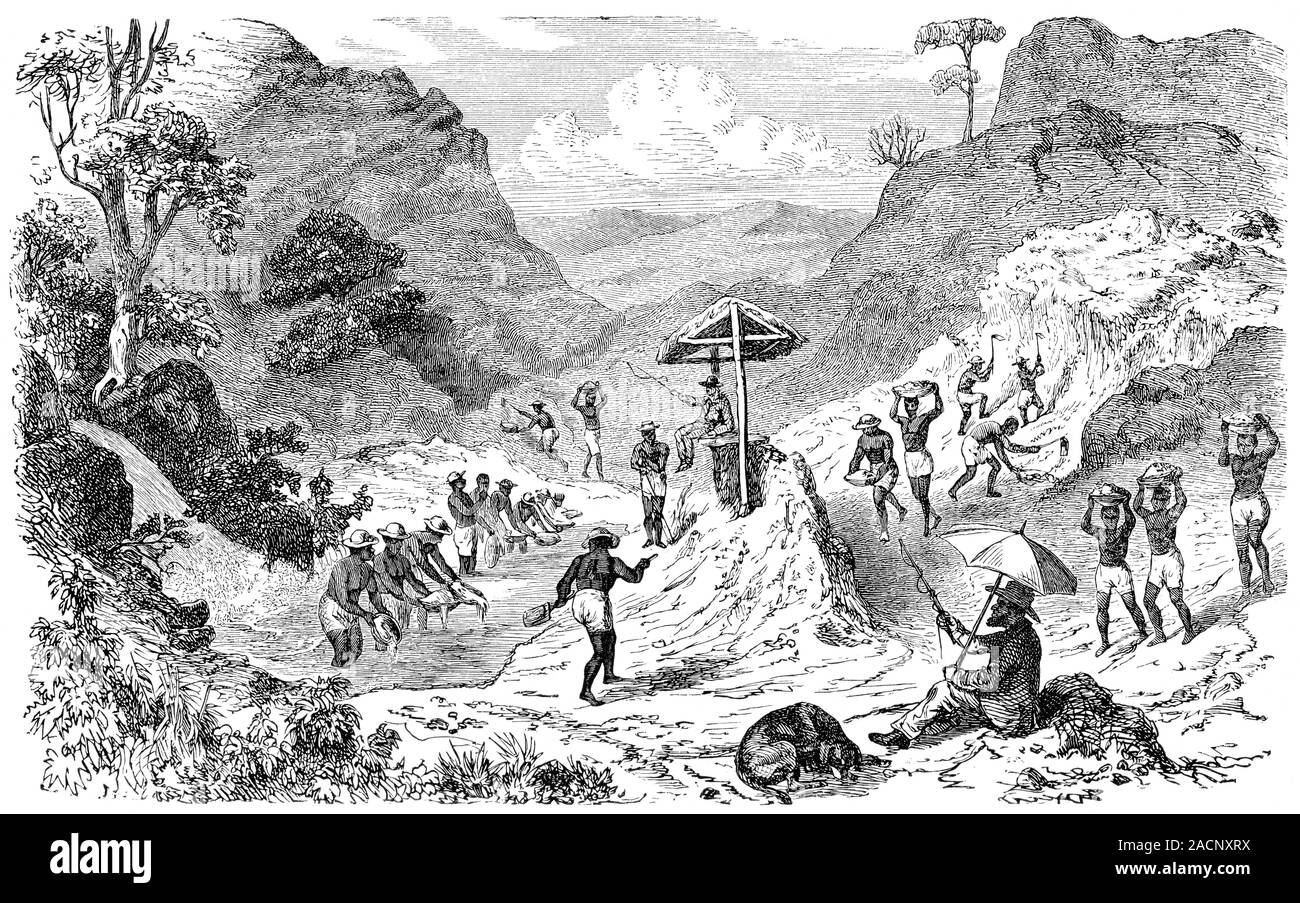 Diamond mining in Brazil, historical artwork. Slaves working to ...