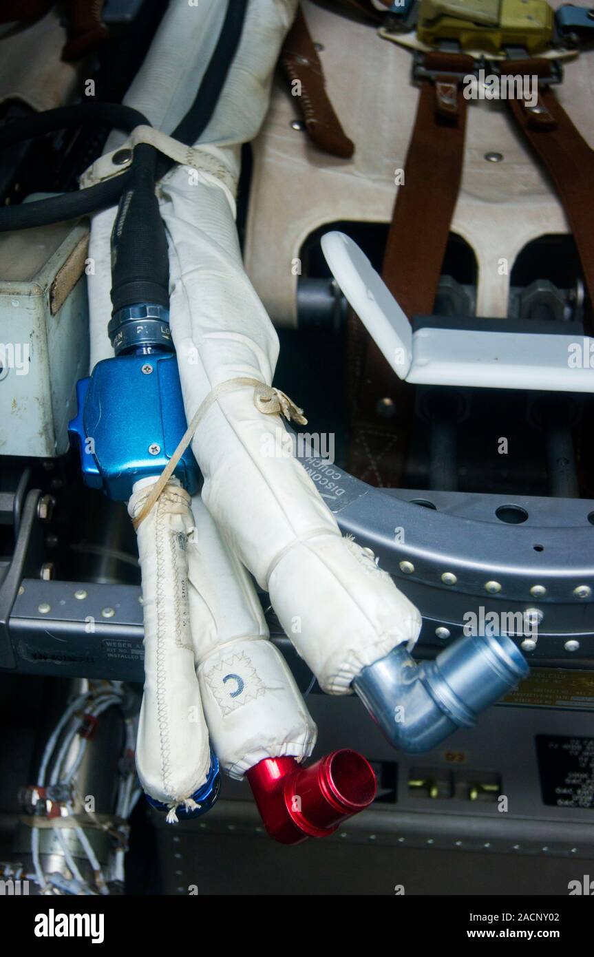Spacesuit life support hoses in Apollo command module. Photographed at ...