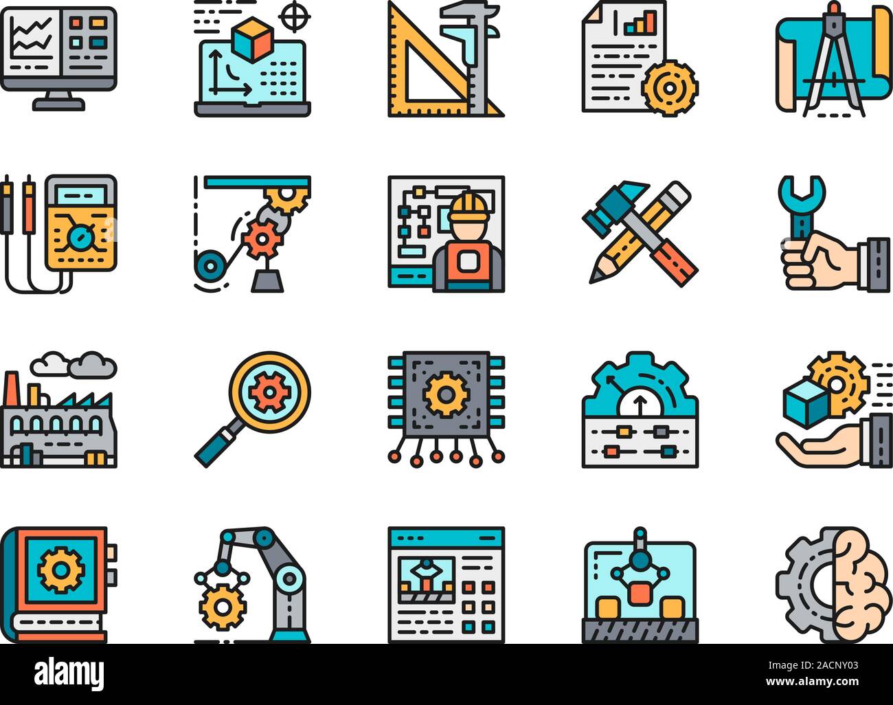 Set of Engineering Flat Color Icons. Workplace, Tools, Engineer, Chip ...