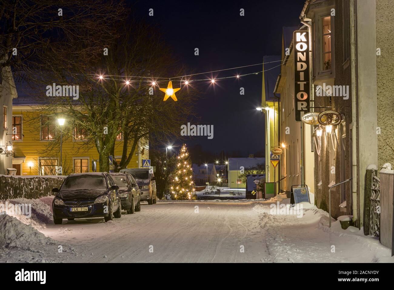 Winter night at the beautiful small coastal town of Oregrund in ...