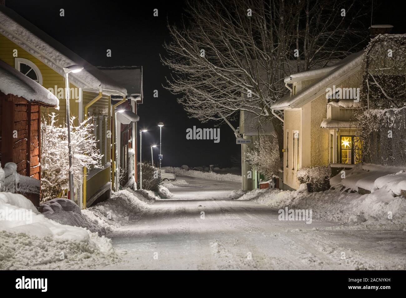 Winter night at the beautiful small coastal town of Oregrund in ...