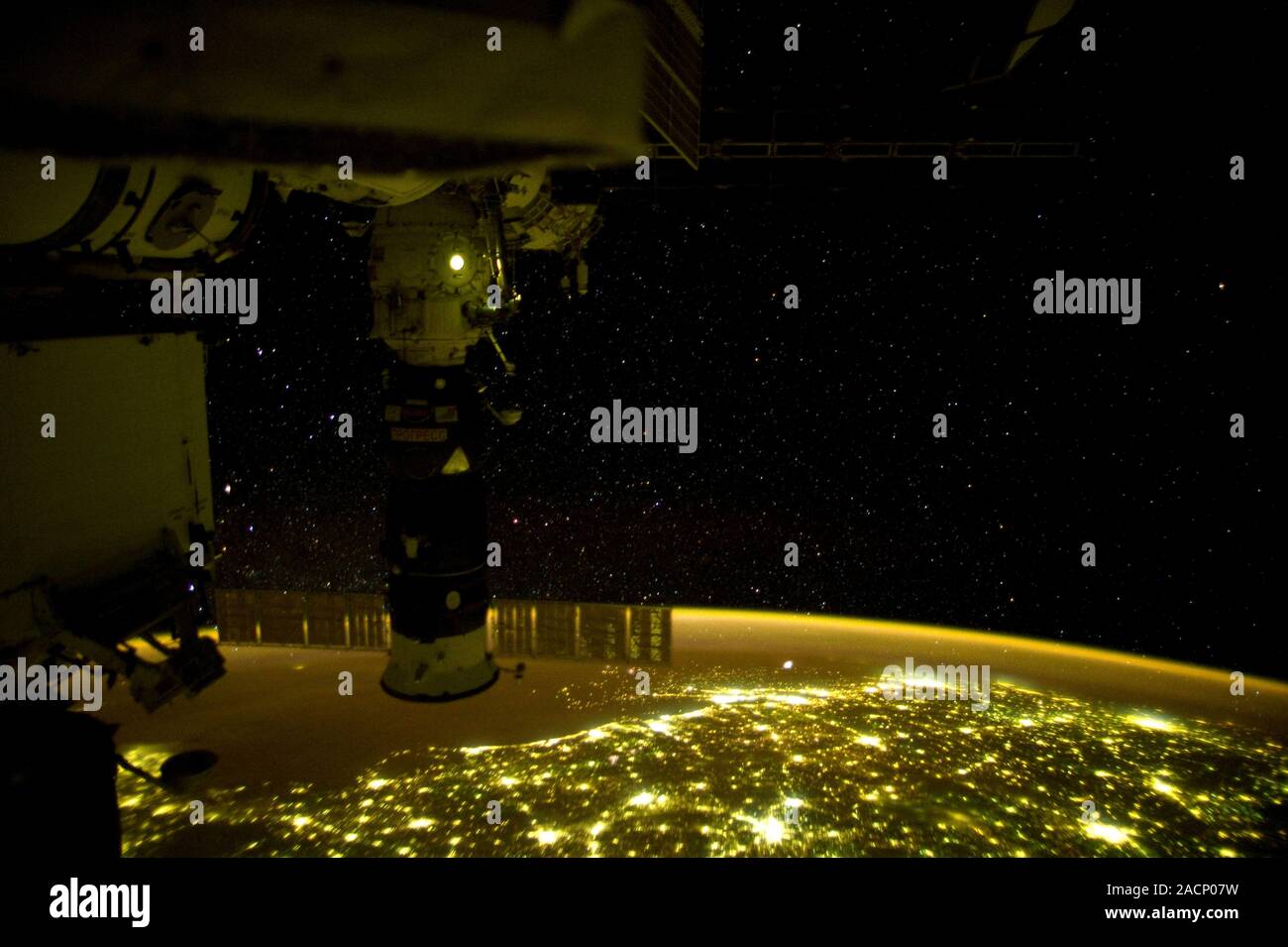 Earth at night, ISS image. Photograph of city lights at night taken by ...