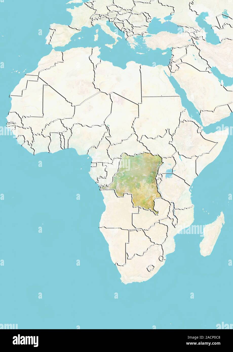 DR Congo. North is at top. Relief map of the Democratic Republic of the ...