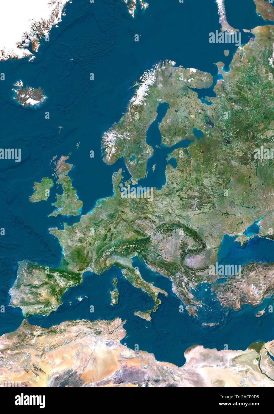 Europe, satellite image. North is at top. Image compiled from data ...
