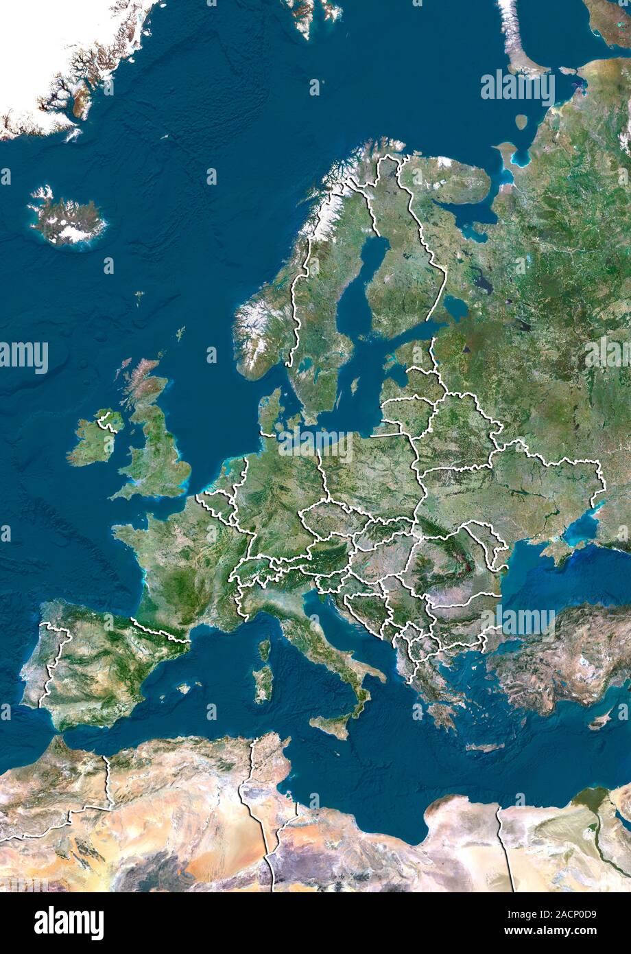 Europe. North is at top. Satellite image of Europe, showing the borders ...