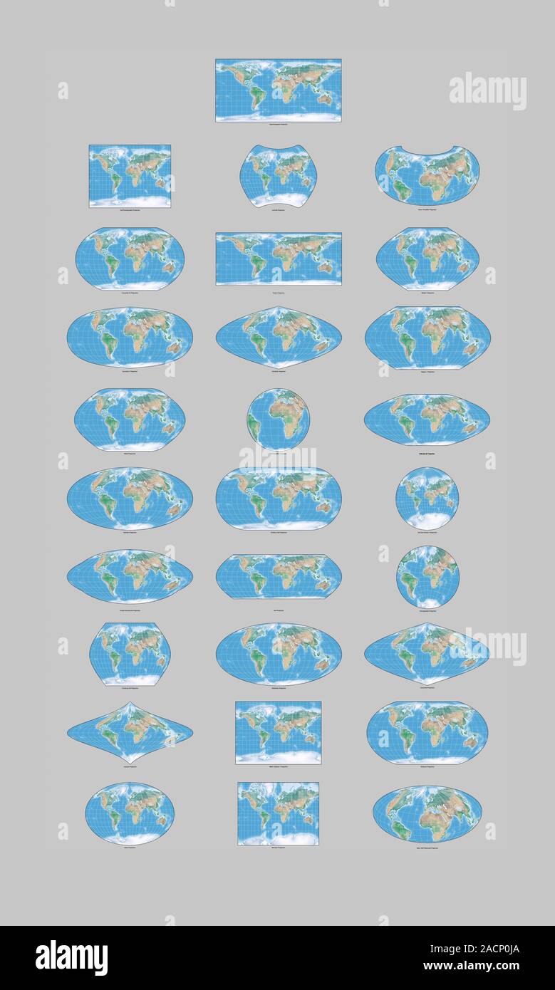 Map projections. Computer artwork showing a selection of different map ... Map projections. Computer artwork showing a selection of different map ...