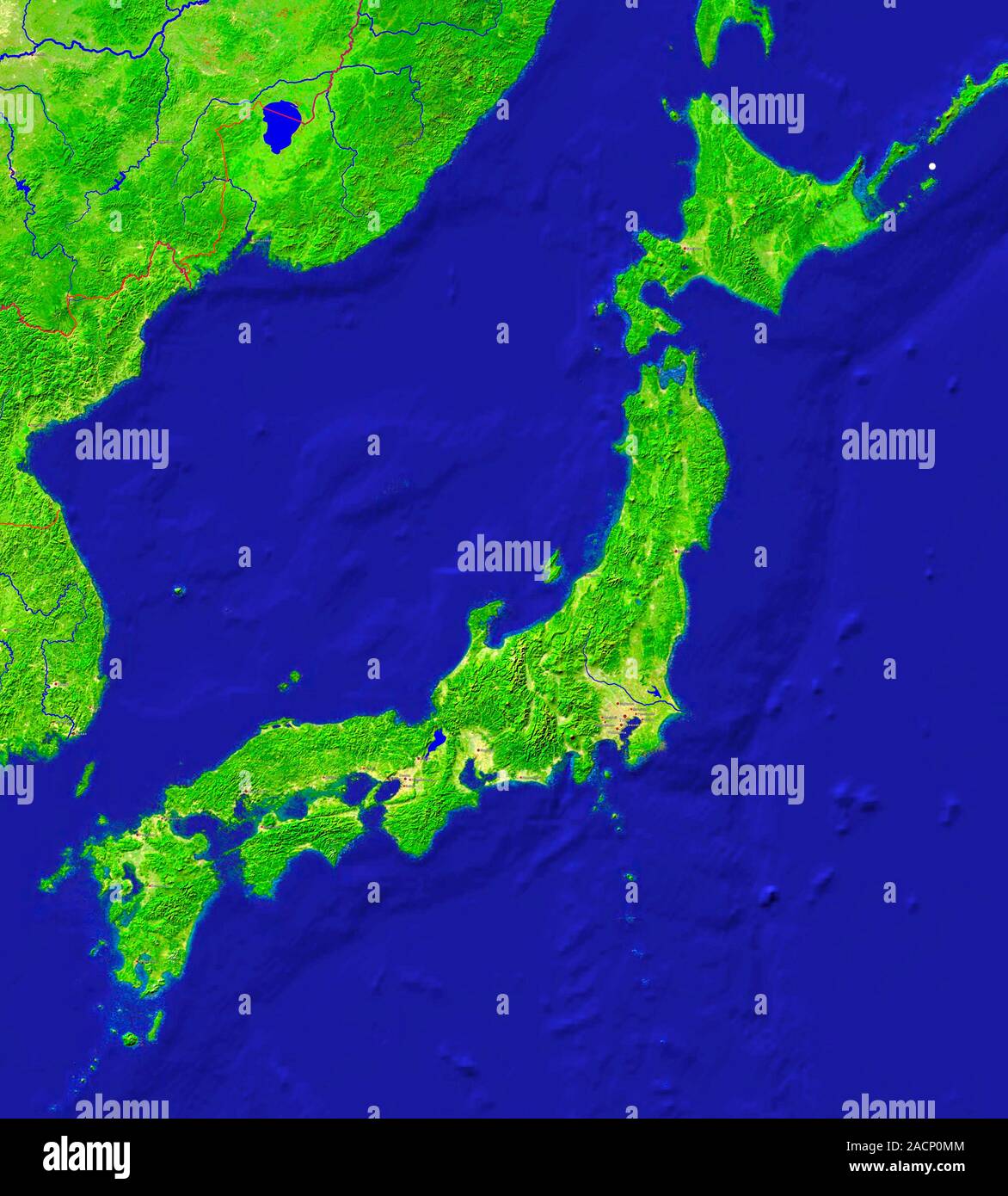 Japan topography. North is at top. Aerial view of Japan, showing land ...