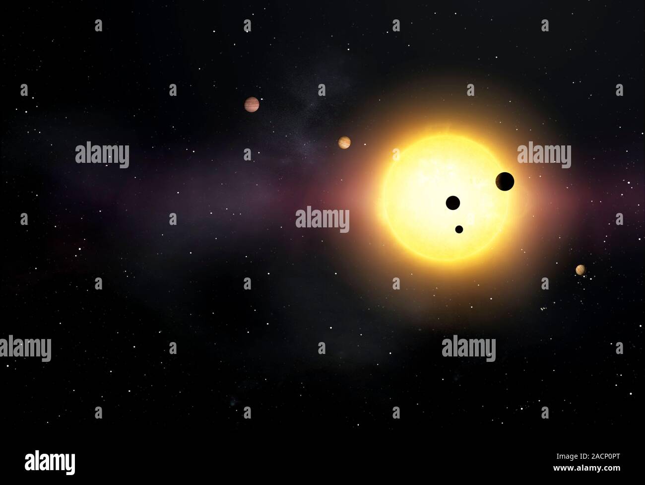 Alien planetary system. Computer artwork of extrasolar planets orbiting ...