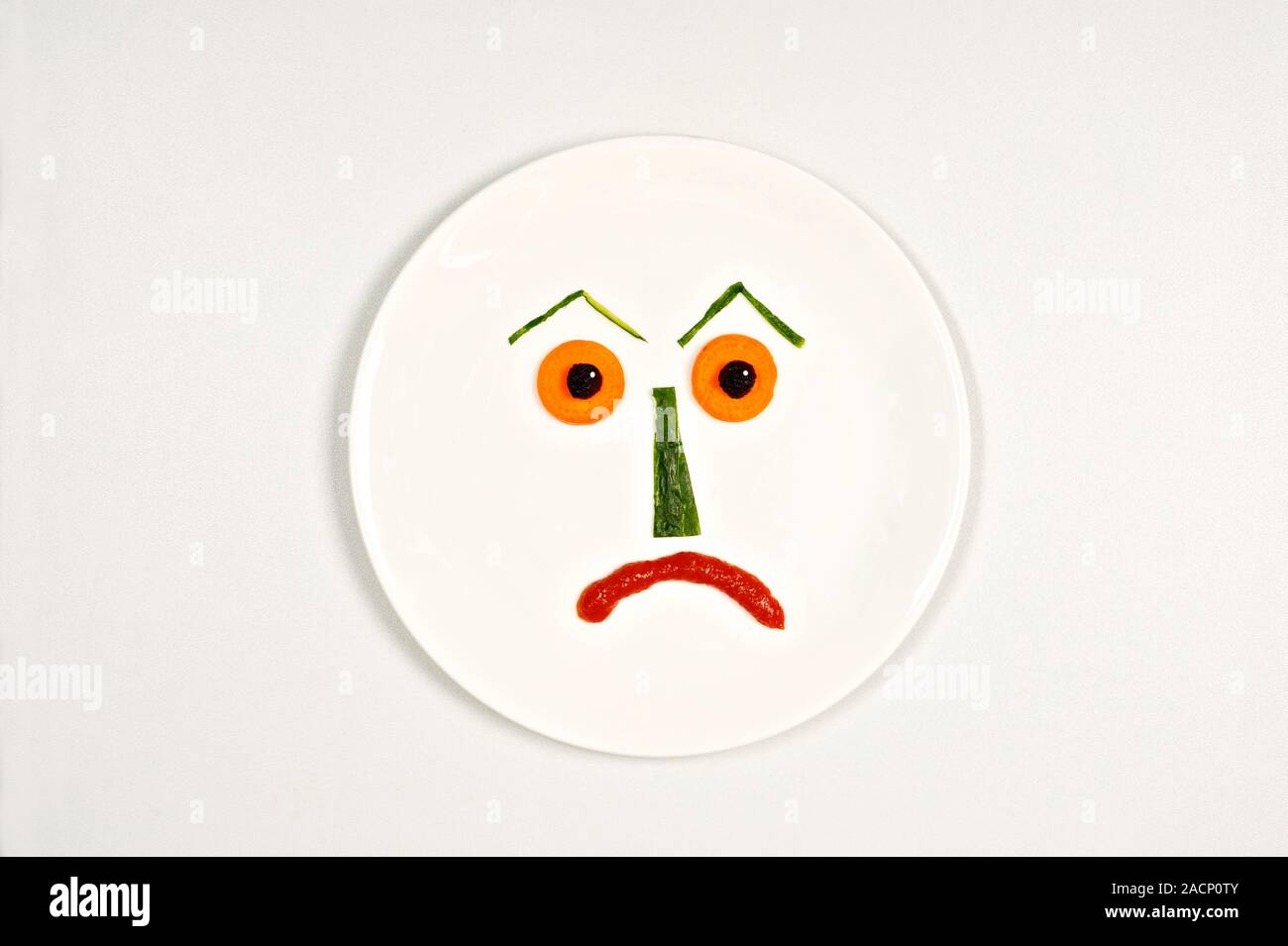 Sad food face. Food items arranged on a plate to represent a sad face ...