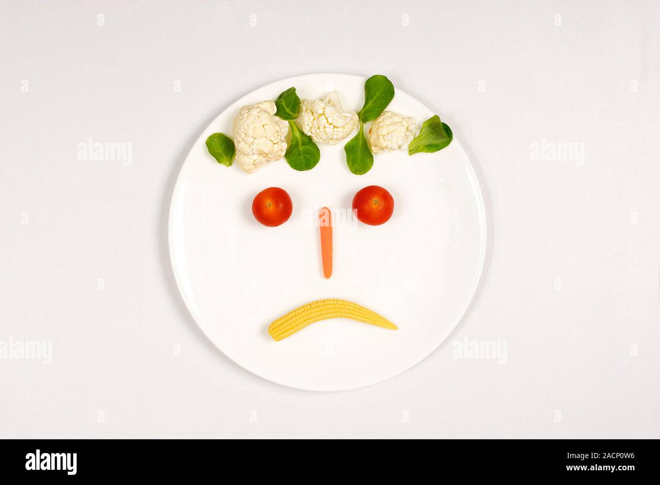 Sad food face. Food items arranged on a plate to represent a sad face ...
