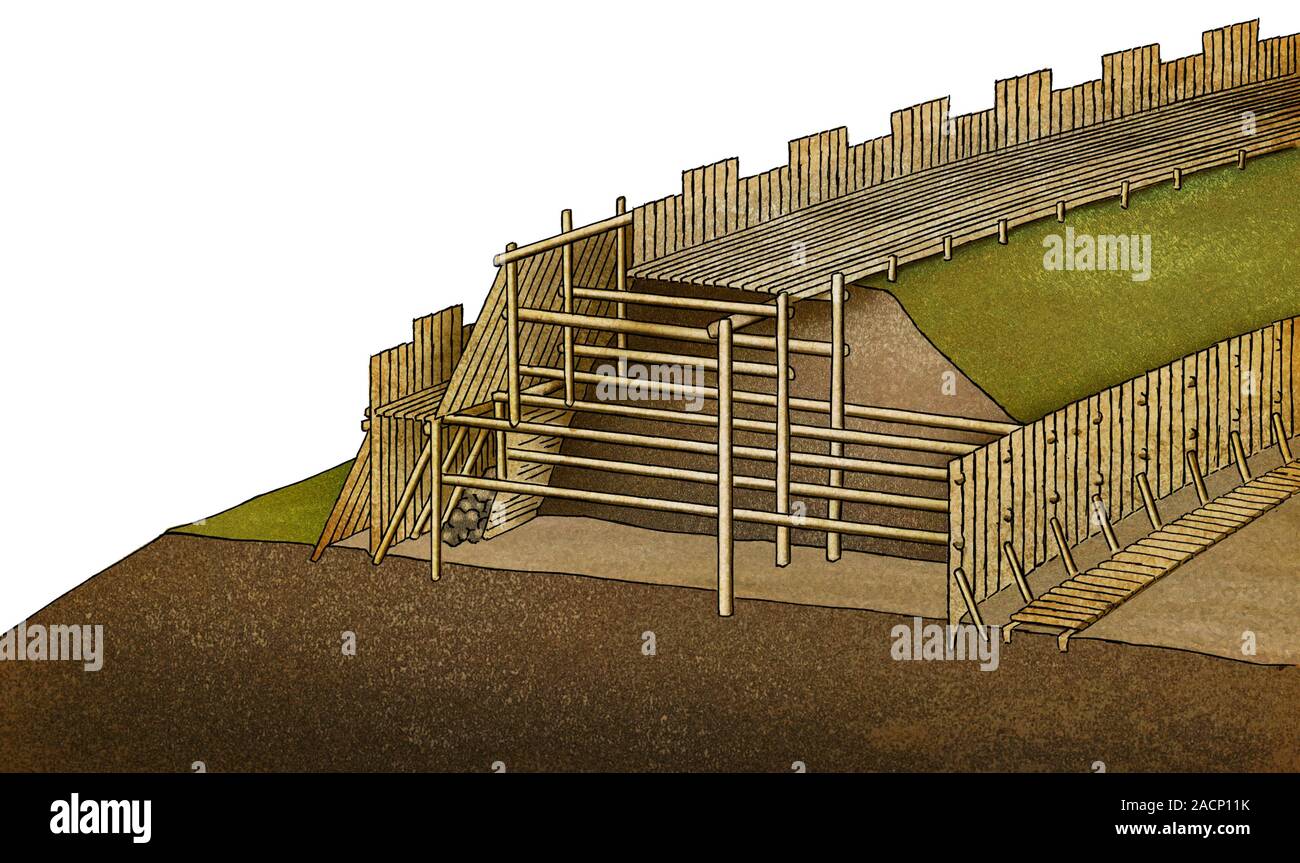 Viking ring fortress wall. Artwork showing the construction of the wall ...