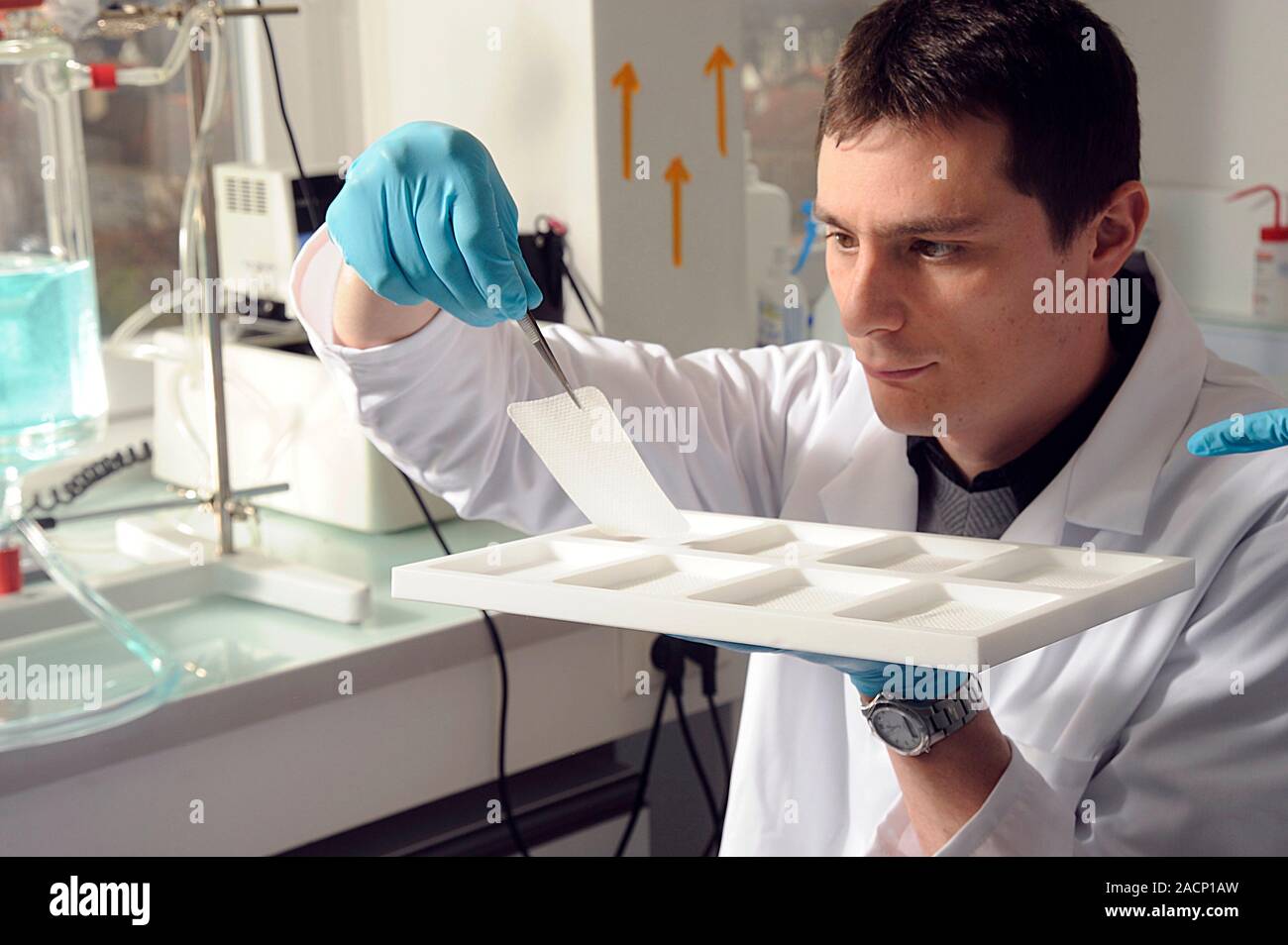 Biogel medical dressings. Technician in a lab working on the production ...