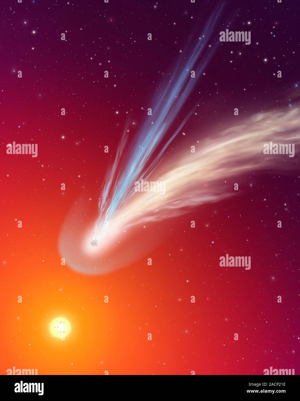 Comet and Sun, artwork. Comets are bodies of ice and dust that enter the inner solar system from ...