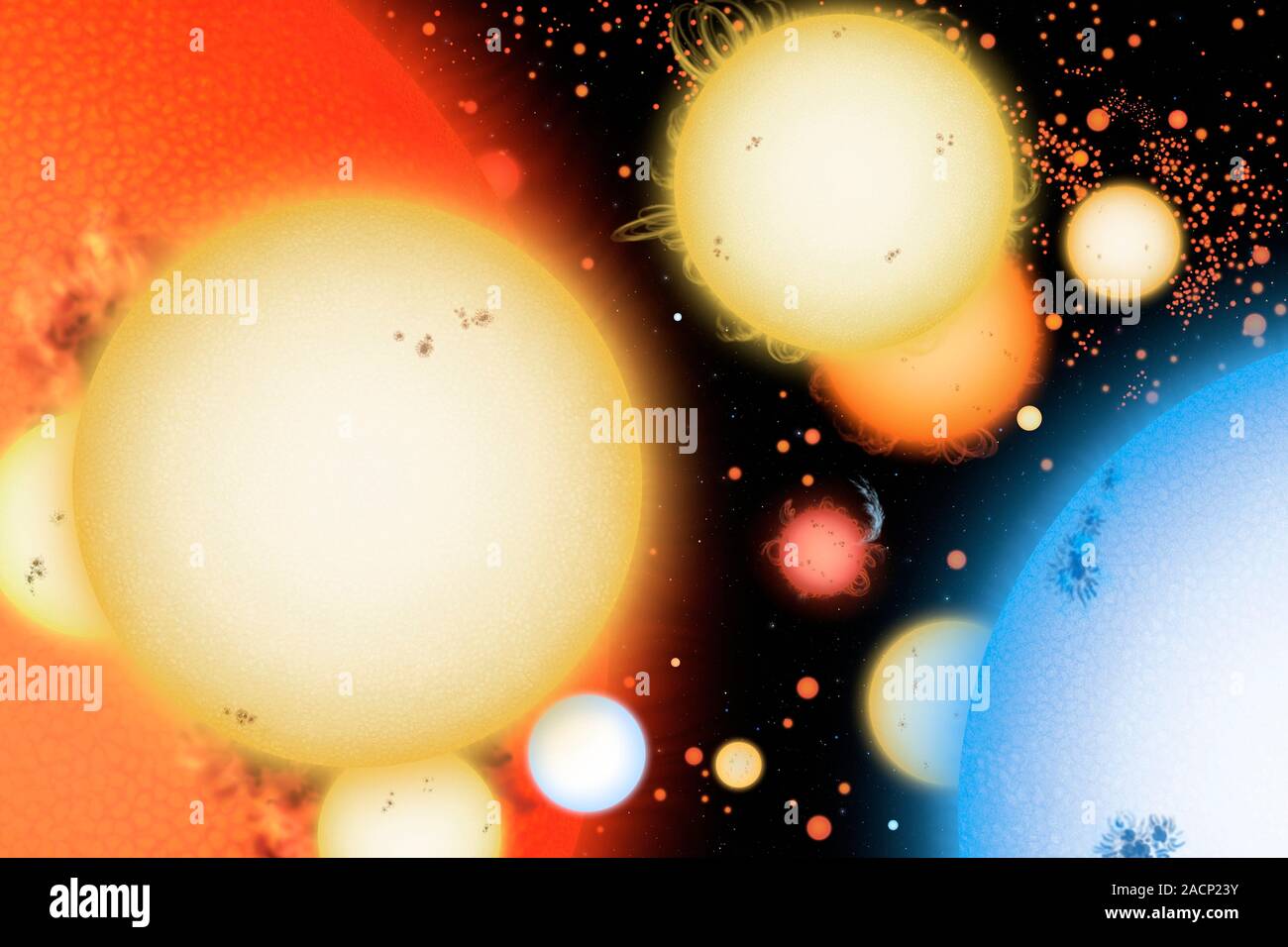 Star types. Artwork showing a range of star types, ranging from a blue ...