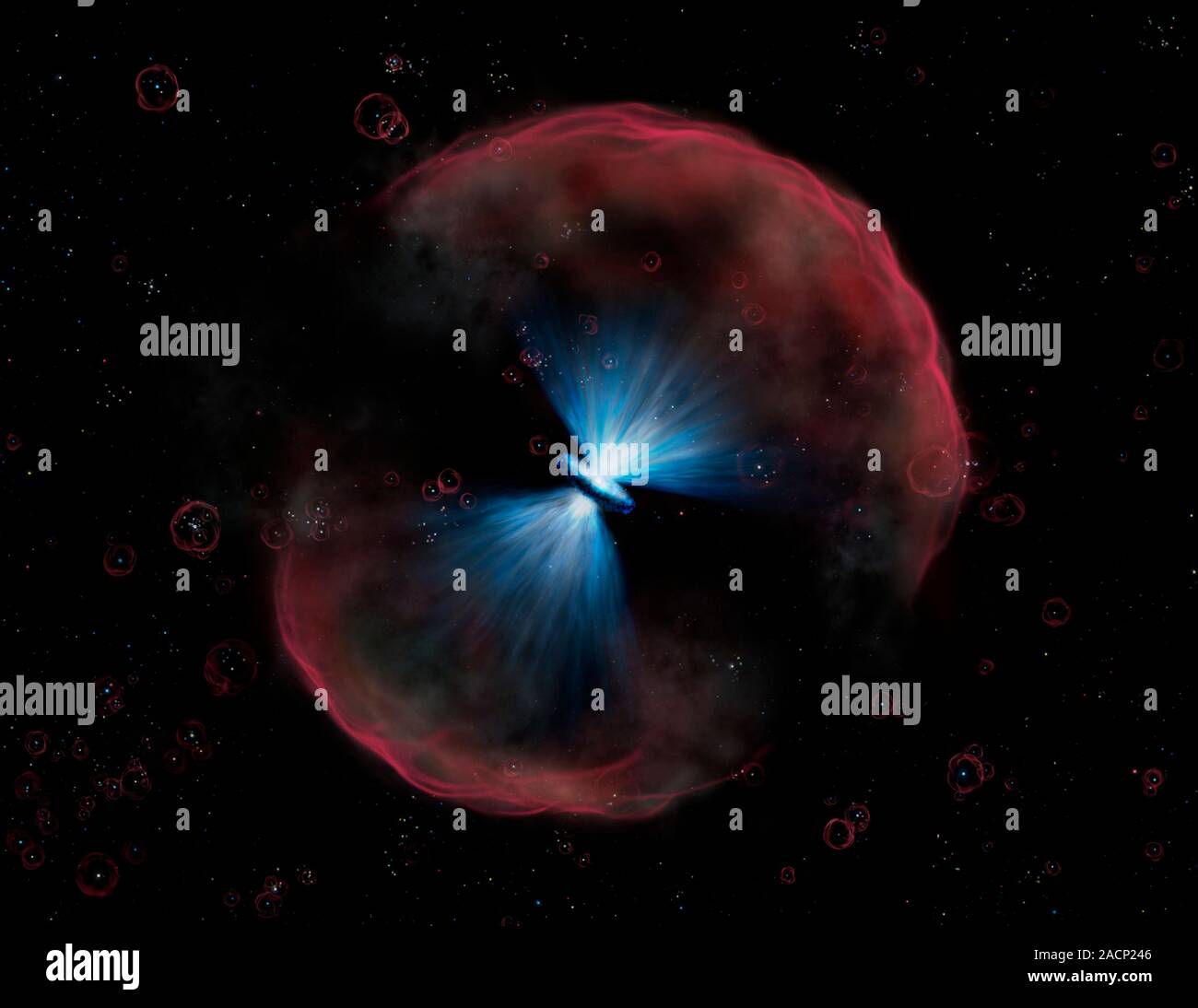Quasar ULAS J1120+0641, artwork. The very hot extremely luminous quasar at centre of the image ...