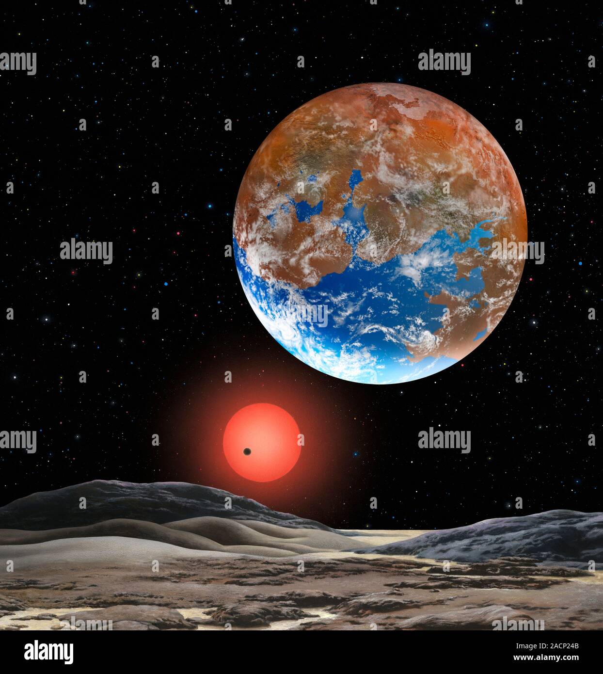 Super-Earth extrasolar planet seen from the surface of its moon ...