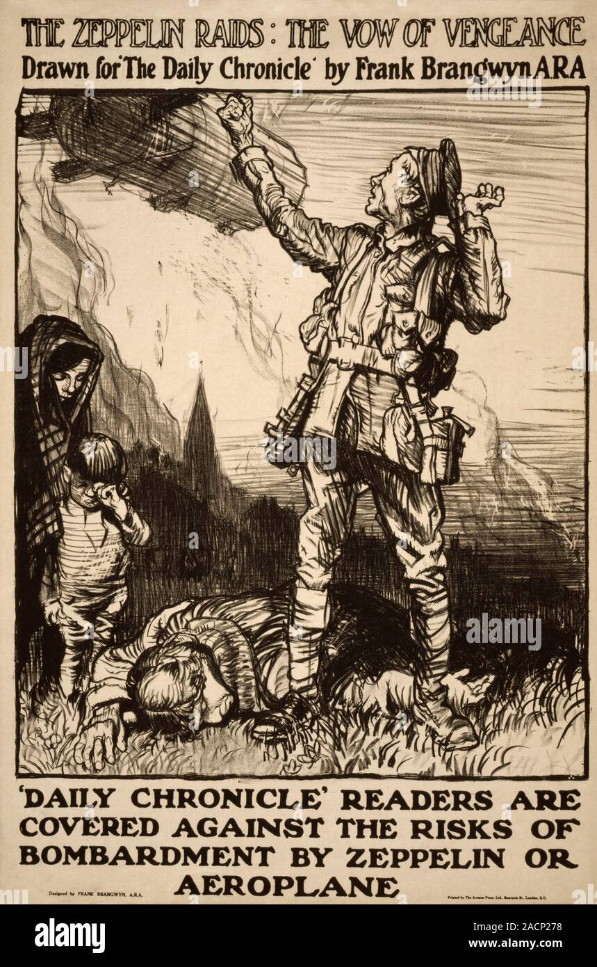 Zeppelin raids, World War I poster. Zeppelins, a German design of ...