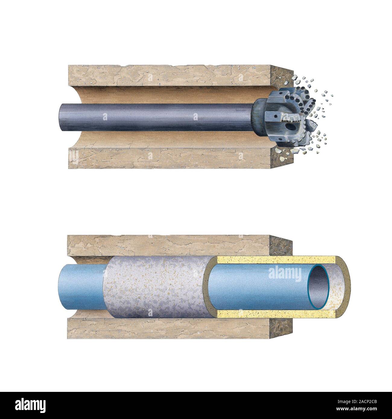Hydraulic fracturing (fracking) process. Artwork of the first two ...