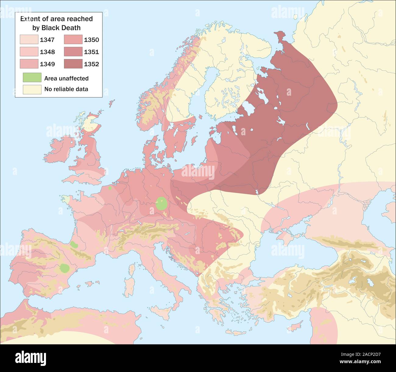 Black Death in Europe, 14th century. Map of Europe showing the spread ...