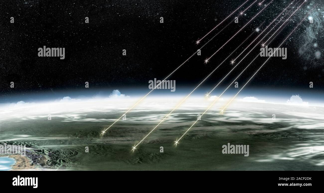 Cosmic rays. Artwork of high-energy particles and radiation from space ...