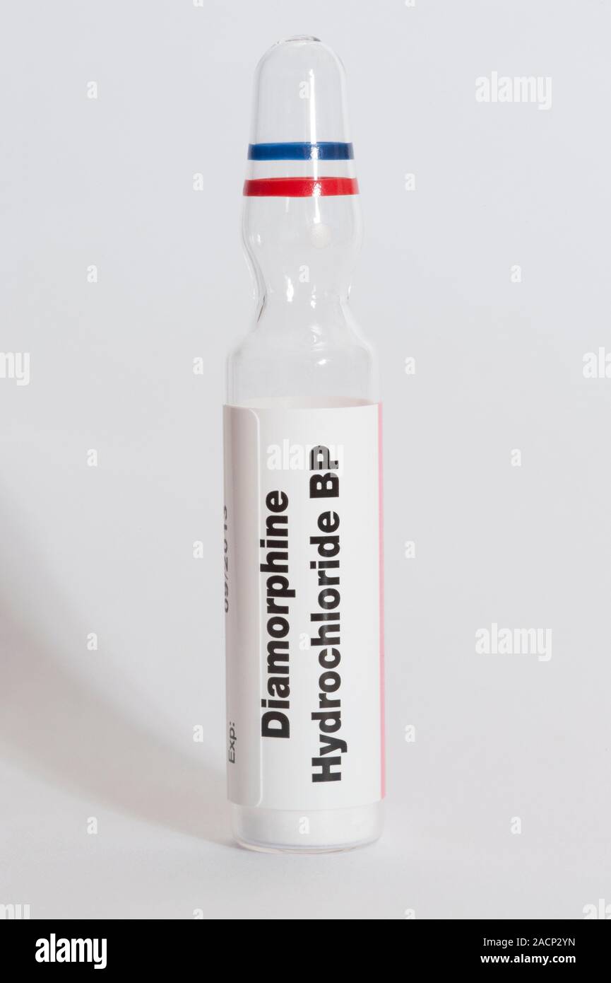 Vial of diamorphine hydrochloride, an injectable drug used in pain relief, typically for late ...