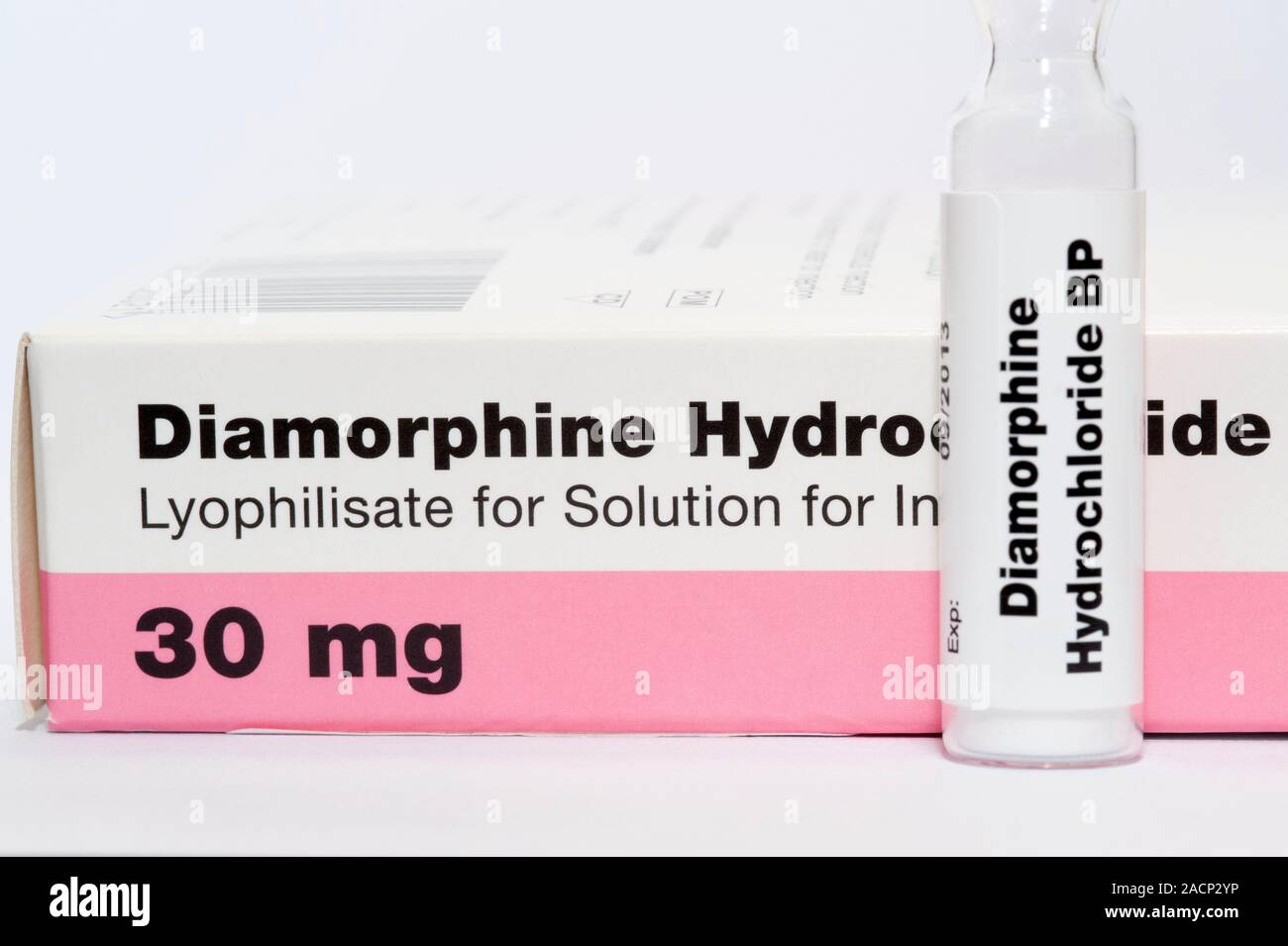 Vial of diamorphine hydrochloride, an injectable drug used in pain ...