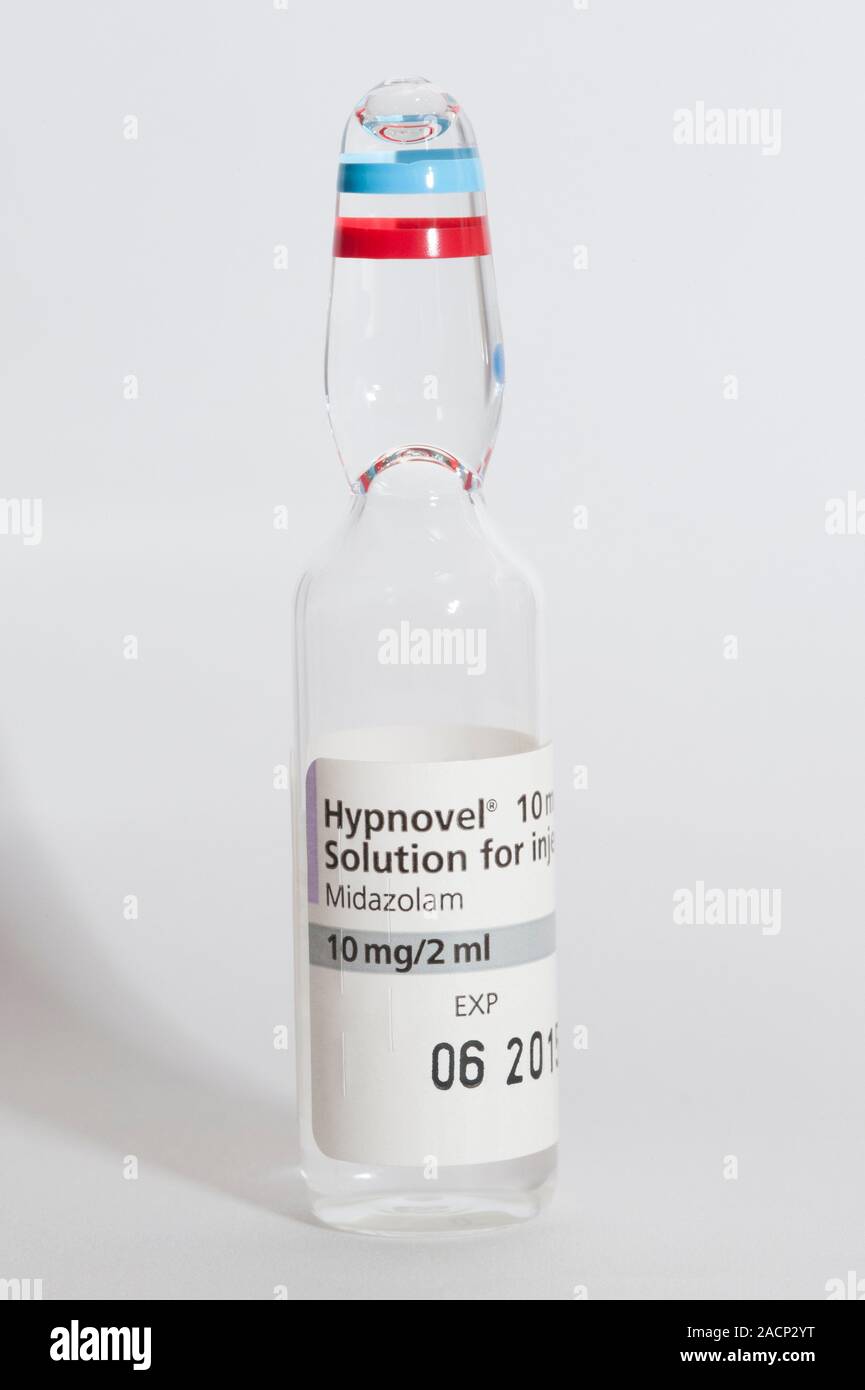 Vial of hypnovel, an injectable benzodiazepine drug used to sedate and ...
