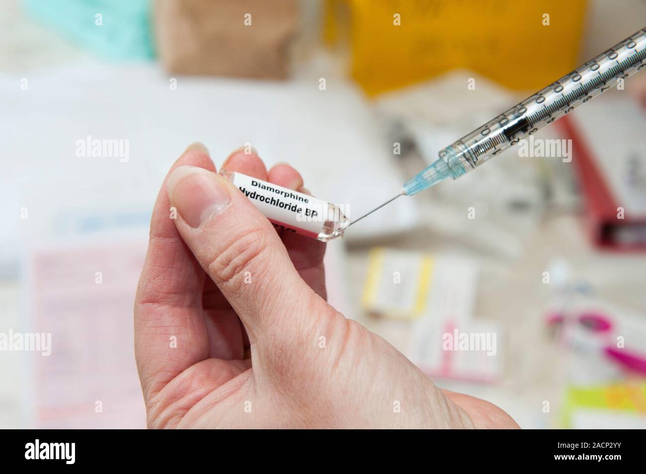 Vial of diamorphine hydrochloride, an injectable drug used in pain ...