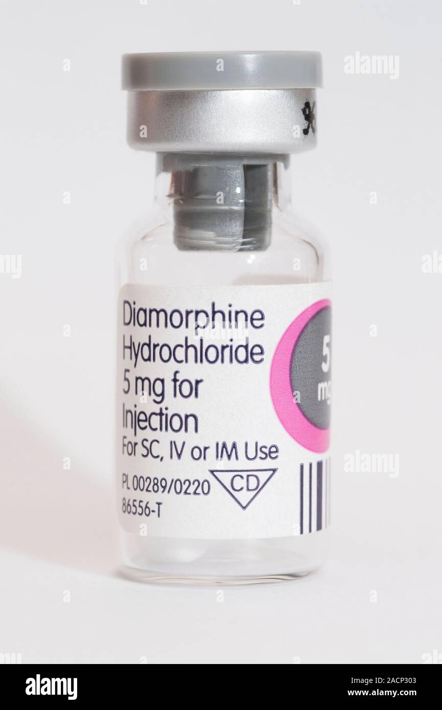 Vial of diamorphine hydrochloride, an injectable drug used in pain ...