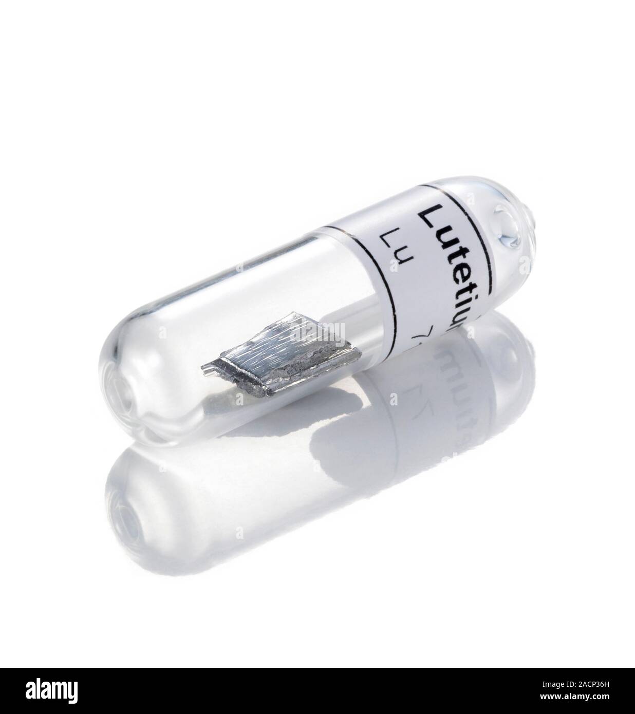 Lutetium. Vial containing samples of the rare earth metal Lutetium (Lu ...