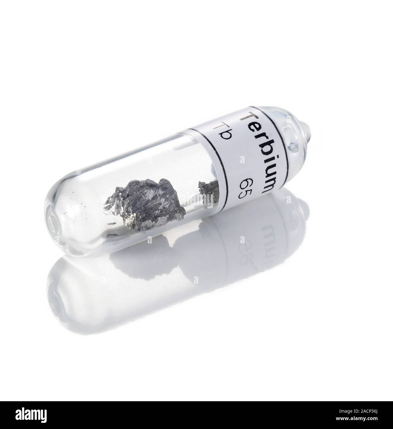Terbium. Vial containing samples of the rare earth metal Terbium (Tb ...