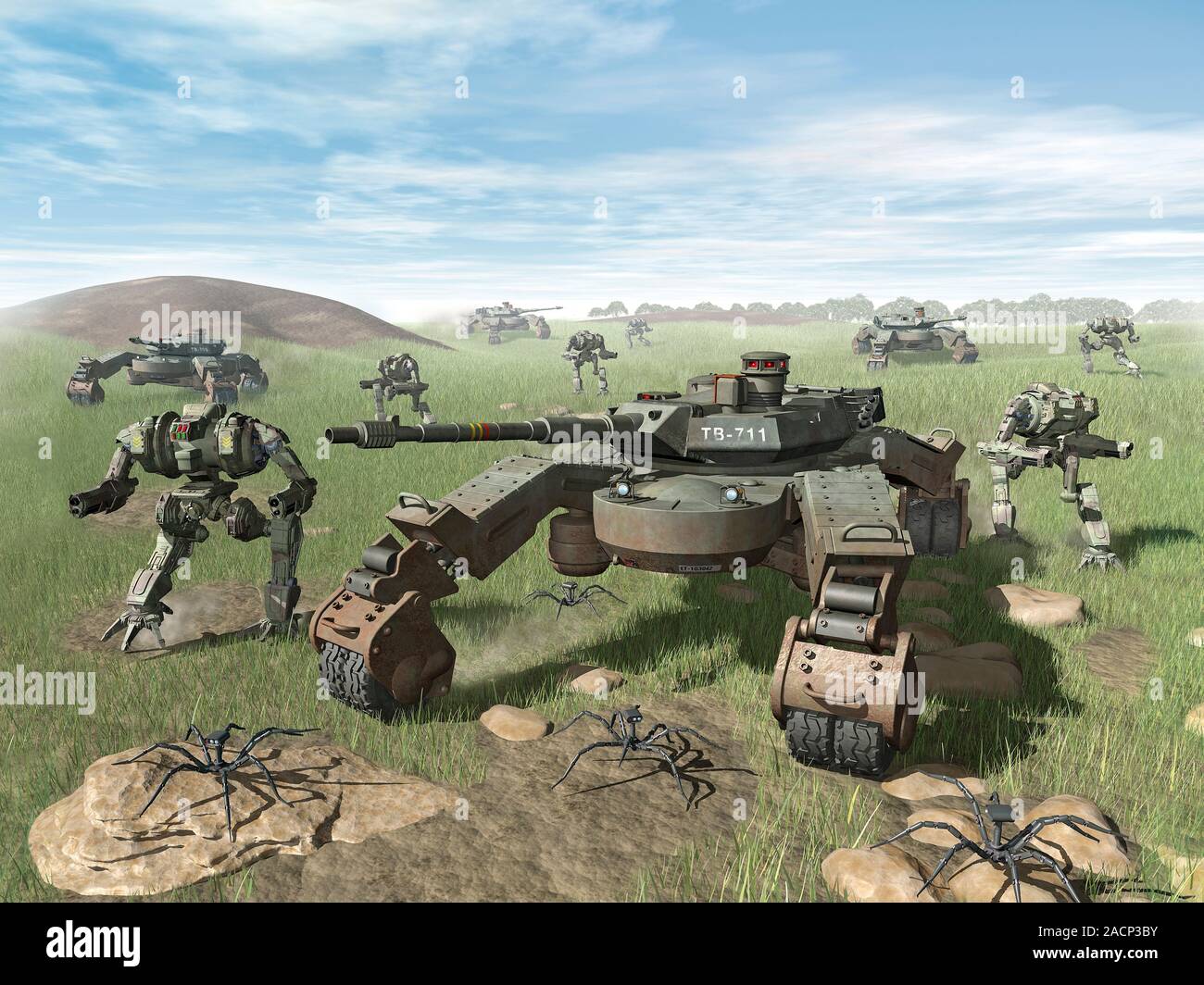 Robotic warfare. Artwork of an array of military robots on a future ...
