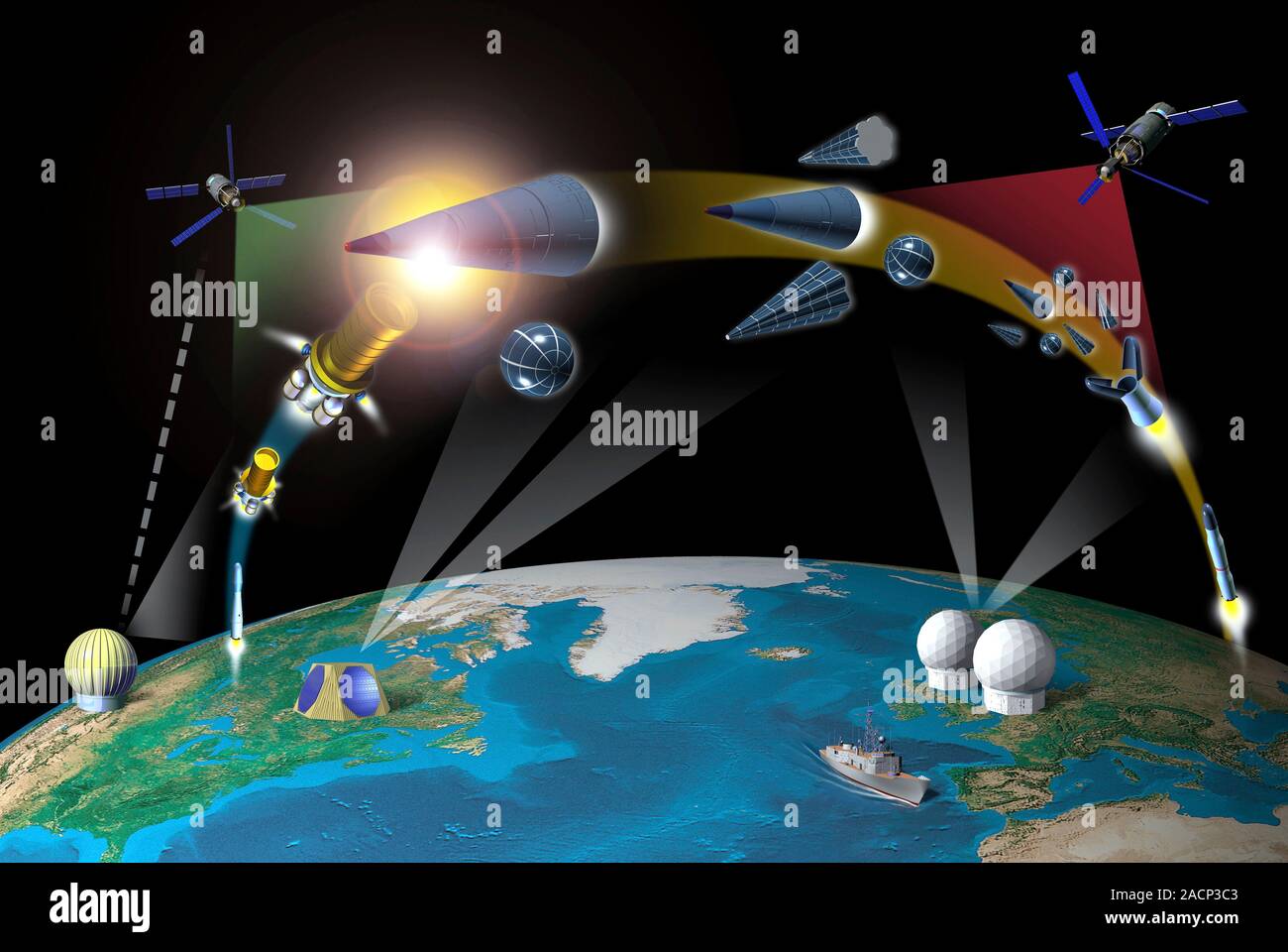 Orbital space weapons. Artwork of a ground-based mid-course space ...