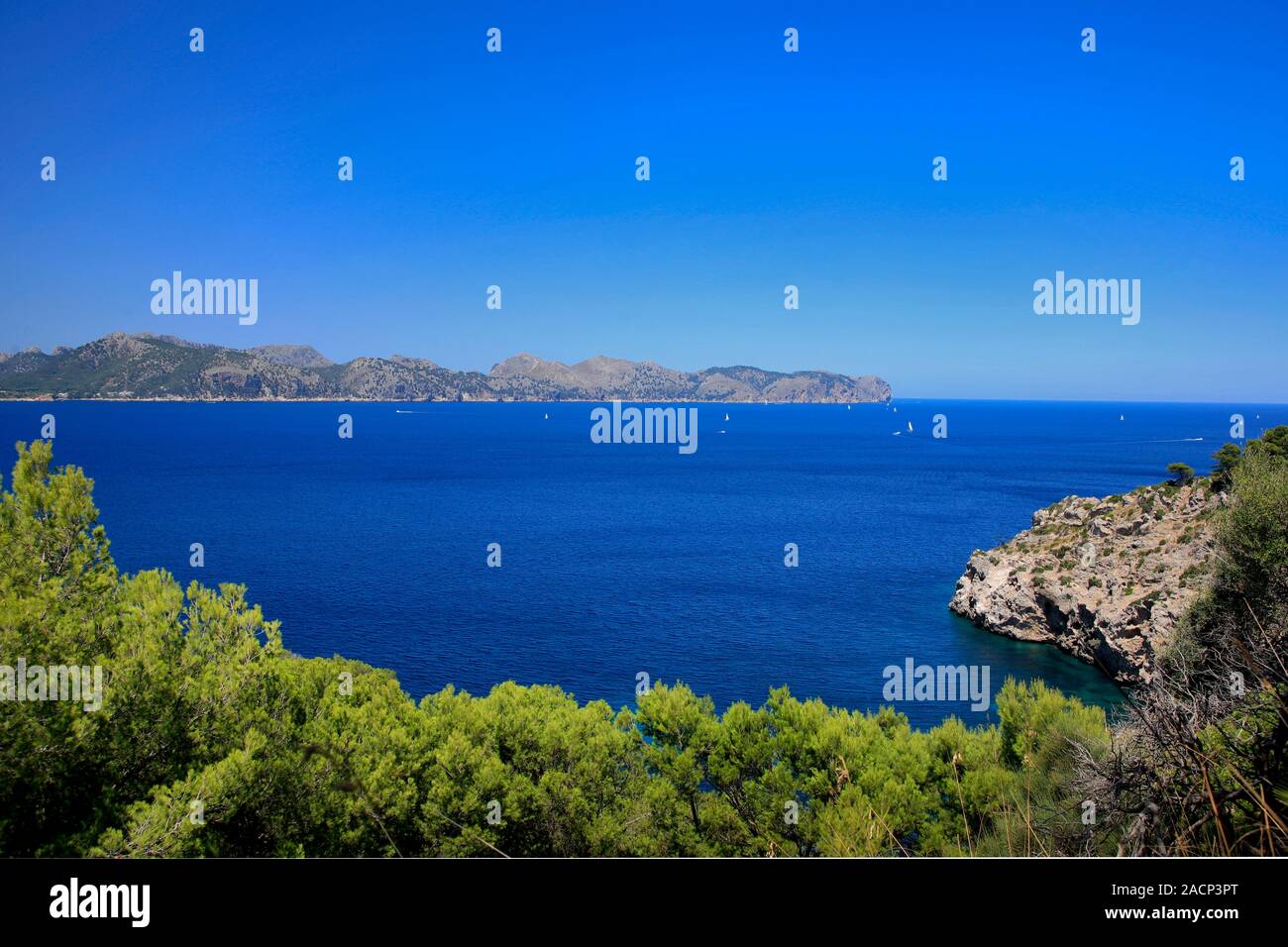 View over the sandy beach at Bay de Pollensa, Cap de Formentor ...