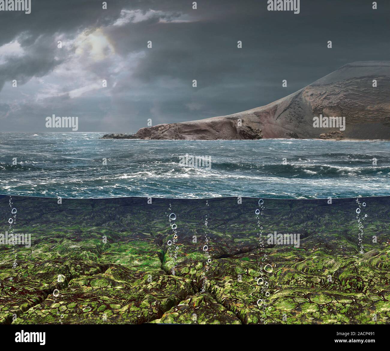 Kenorland prehistoric landscape. Artwork showing a landscape at the ...