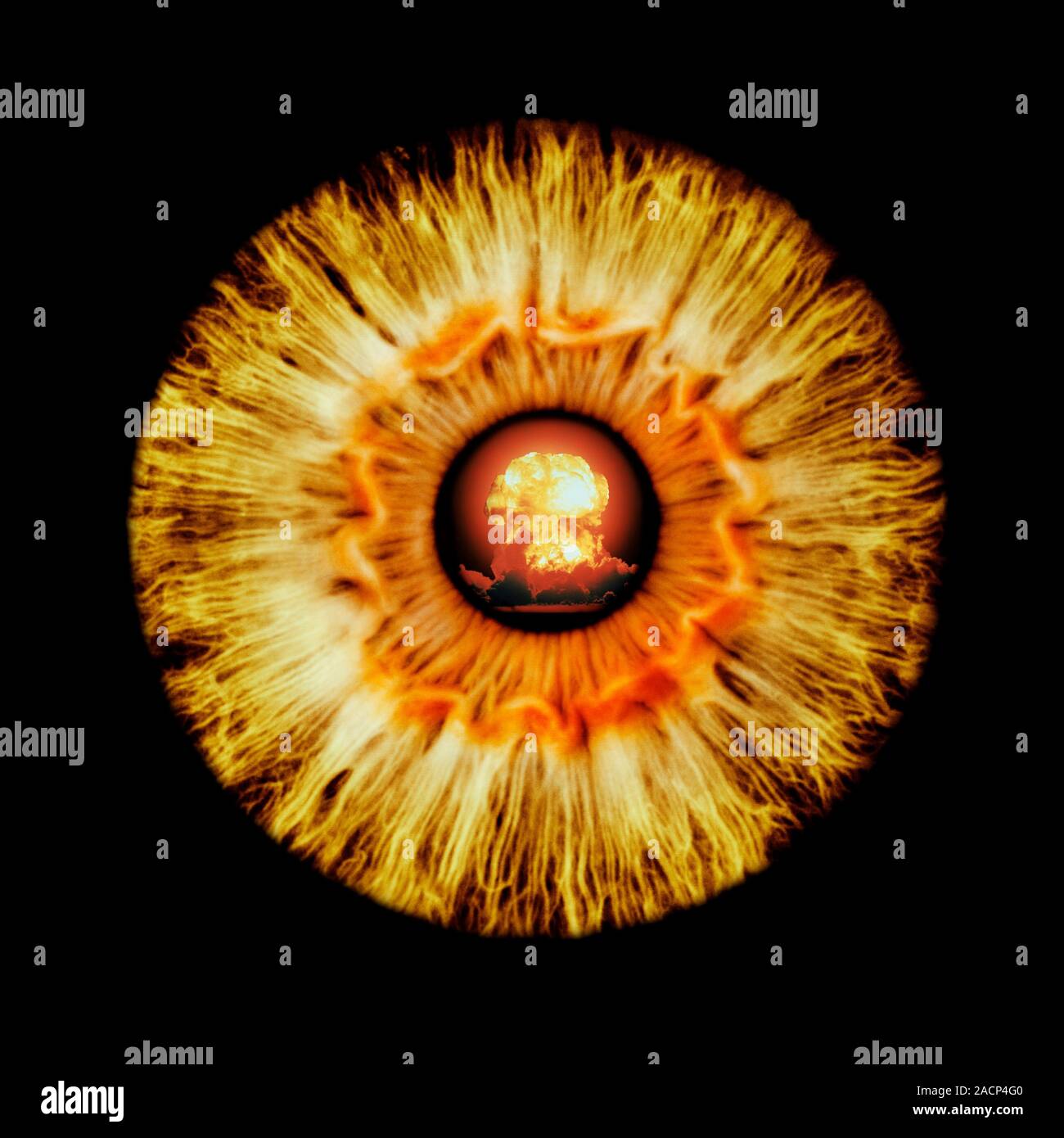 Human eye and nuclear explosion. Composite image of a human eye and a ...