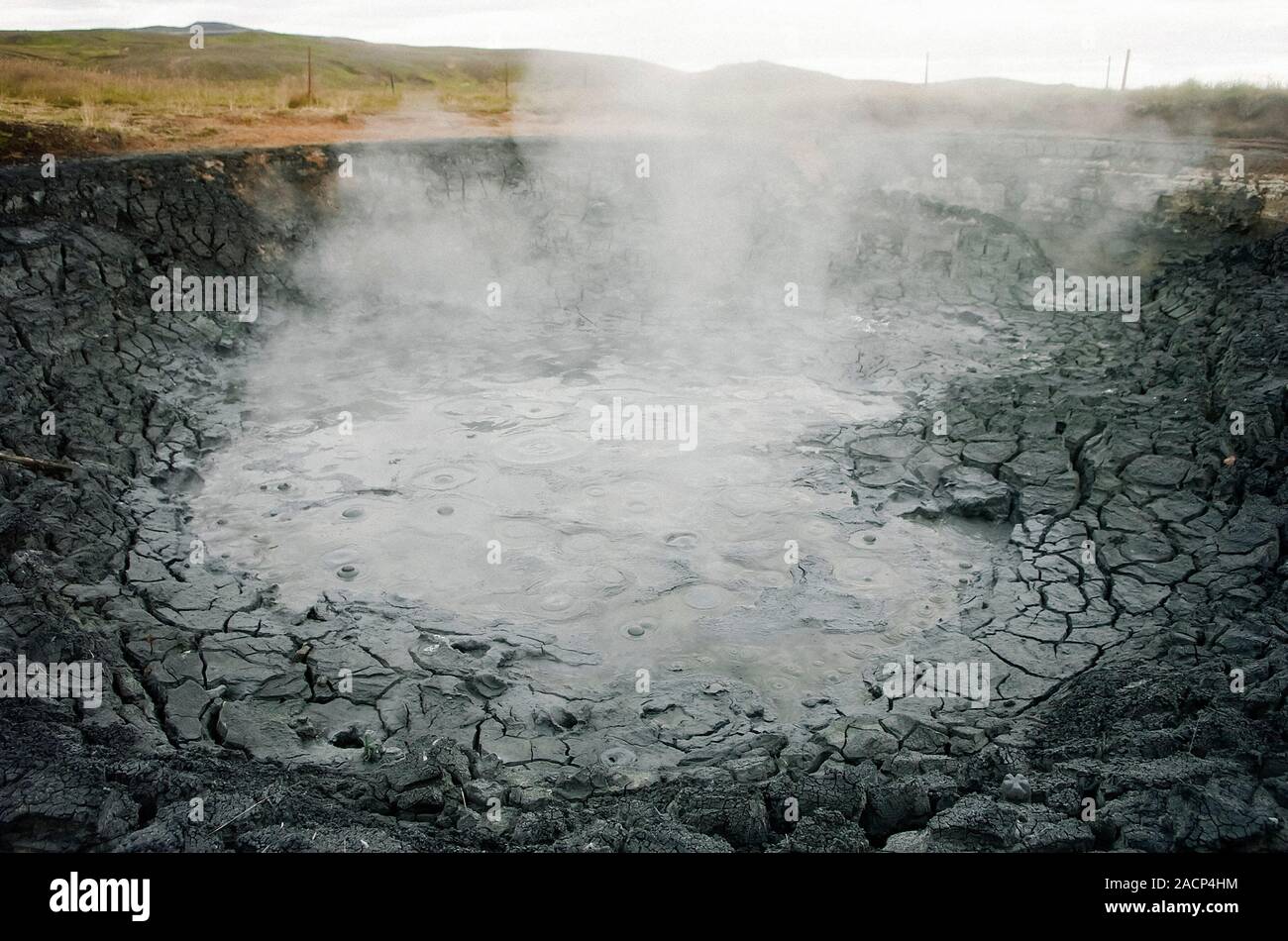 Geothermal mud pool. Steam rising from bubbling mud in a mud pool. Mud ...