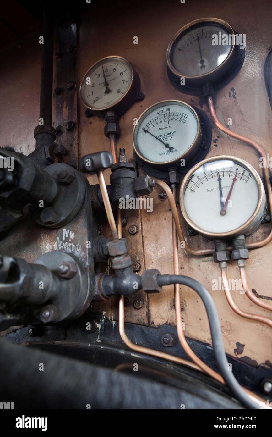 Steam locomotive gauges. Gauges in the cabin of steam locomotive K563 ...
