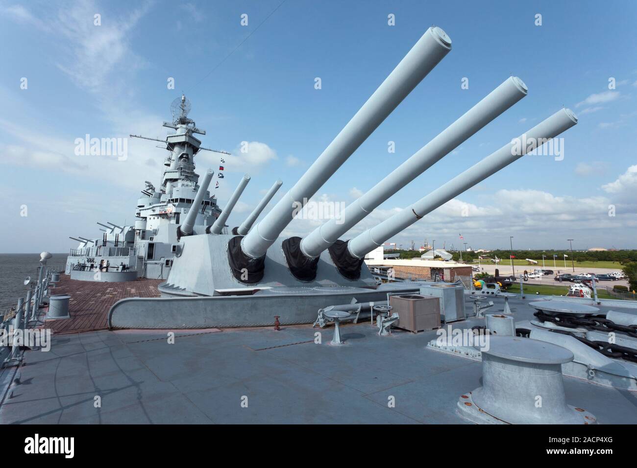 USS Alabama, World War II battleship. Three of the nine 16-inch/45 ...