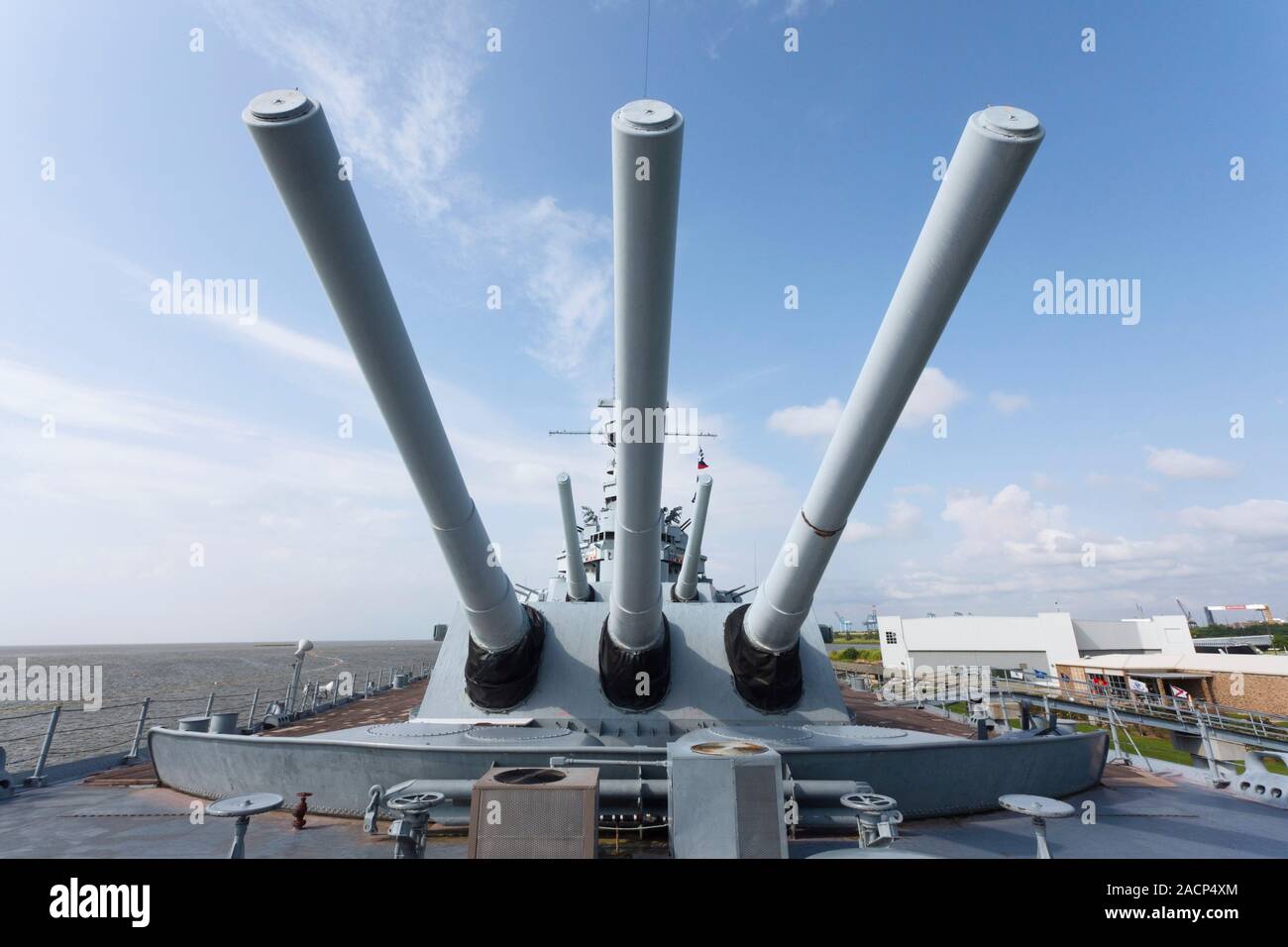 USS Alabama, World War II battleship. Three of the nine 16-inch/45 ...