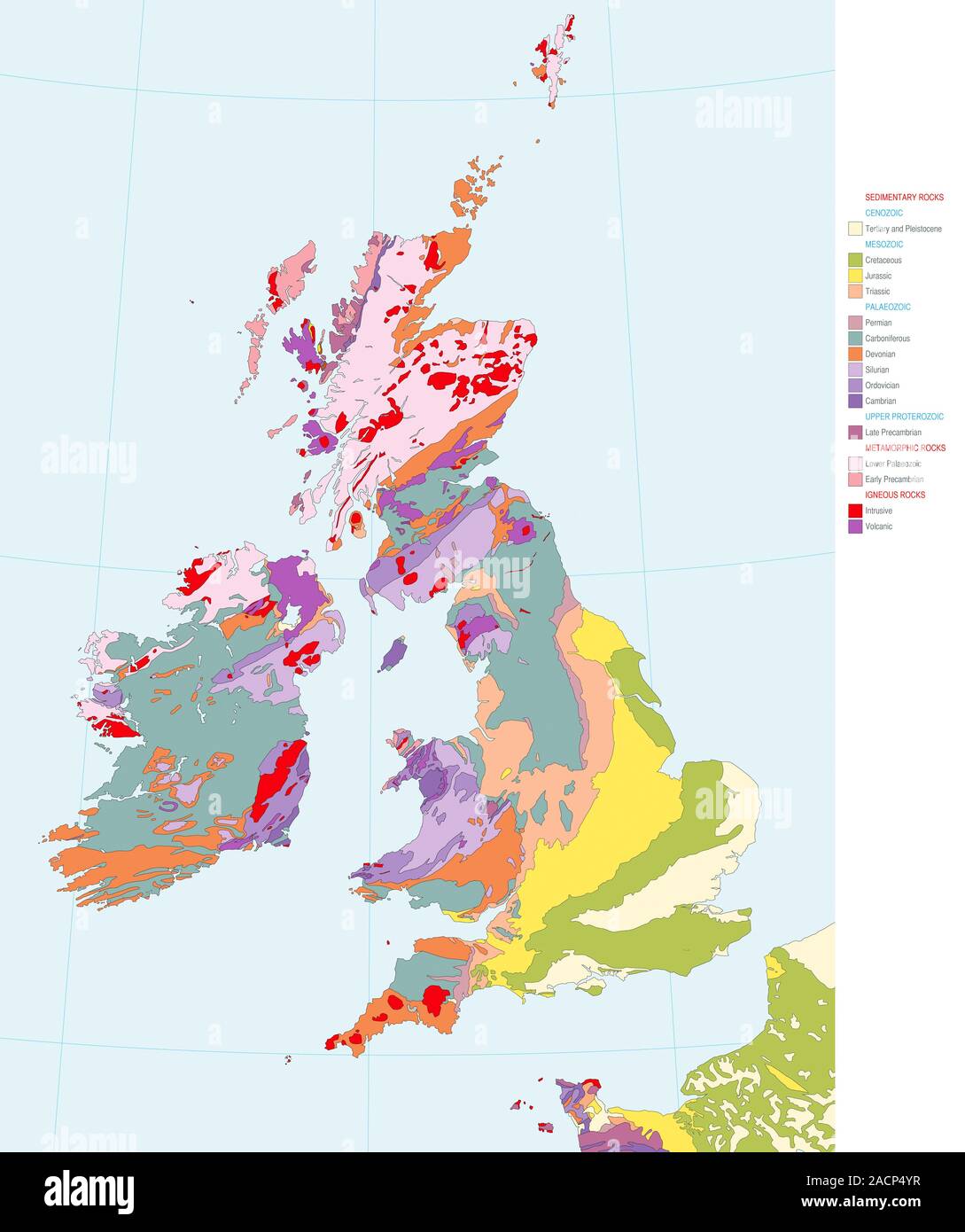 Geological map of the British Isles, with a colour-coded key (right ...