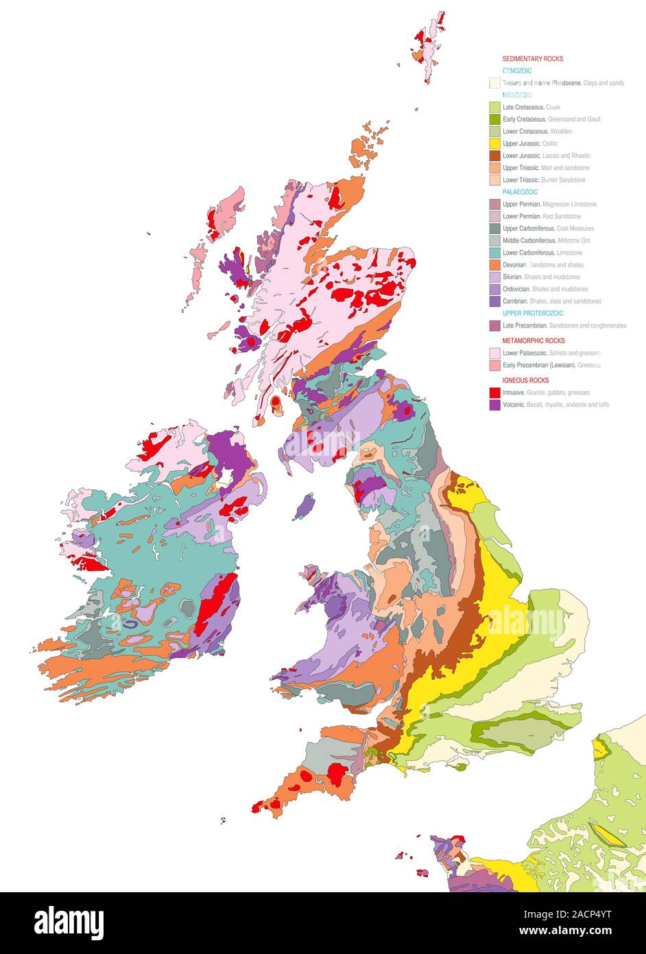 Geological map of the British Isles, with a colour-coded key (right ...