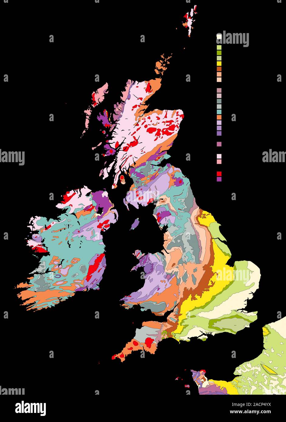Geological map of the British Isles, with a colour-coded key (right ...