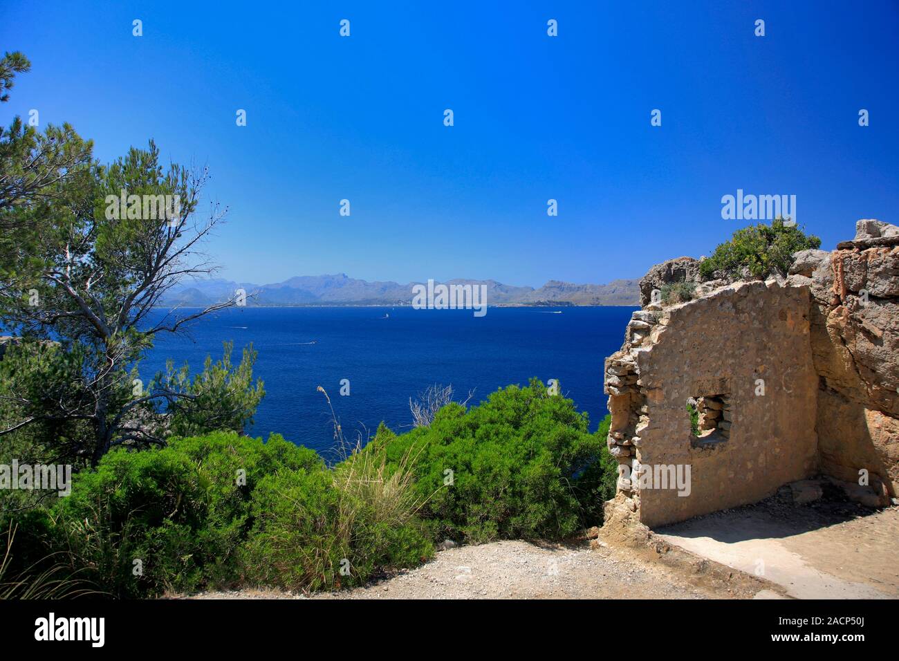 View over the sandy beach at Bay de Pollensa, Cap de Formentor ...