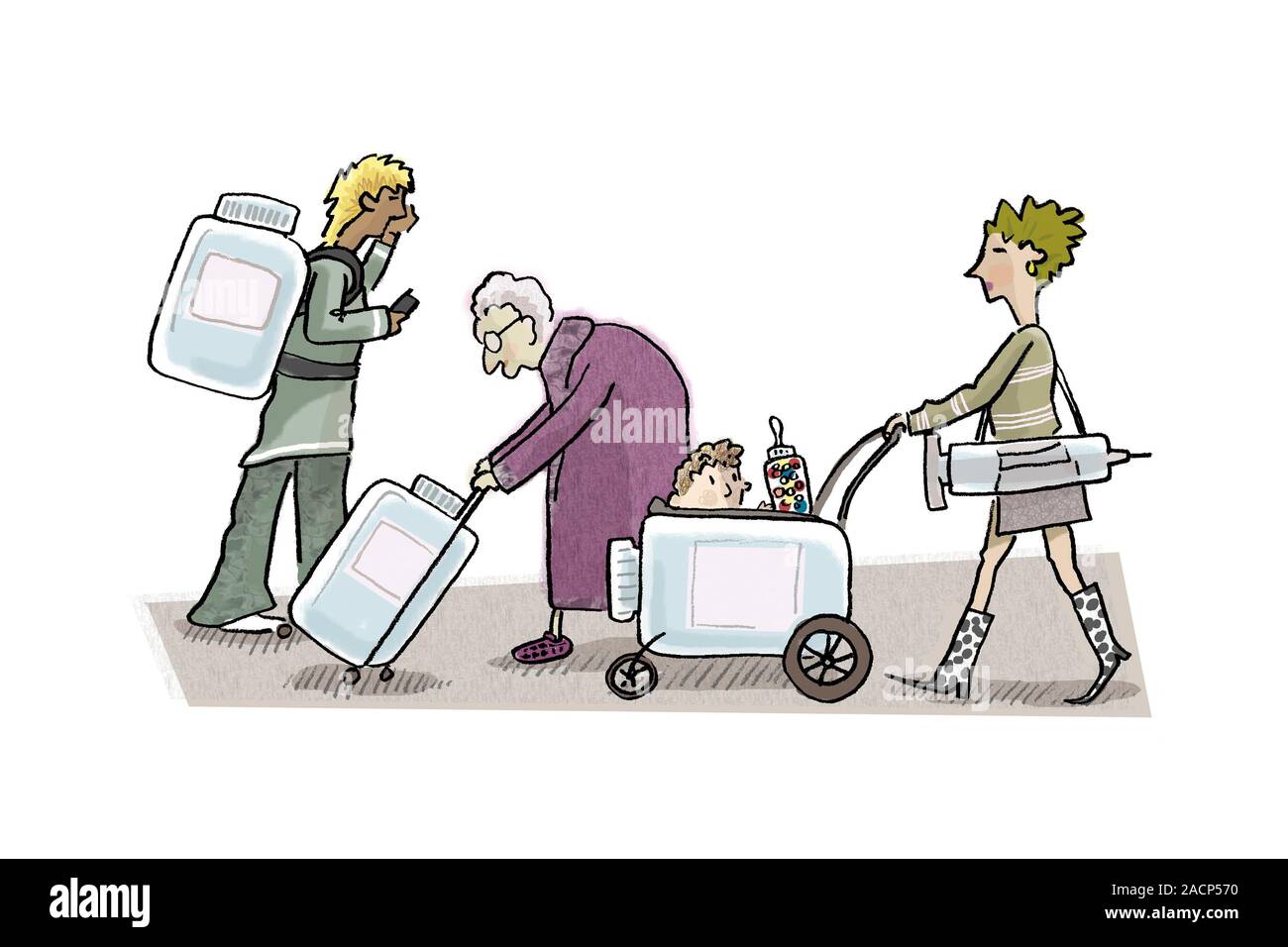 Life-long medication. Conceptual artwork of young and elderly people ...