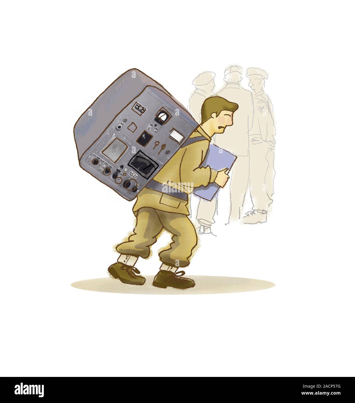 Early portable military radio. Artwork of a soldier carrying an early ...
